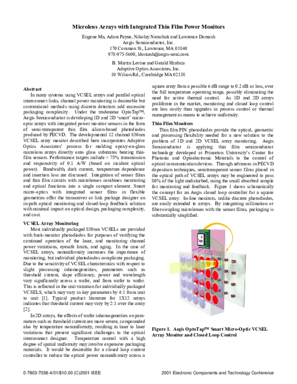 (PDF) Microlens arrays with integrated thin film power monitors