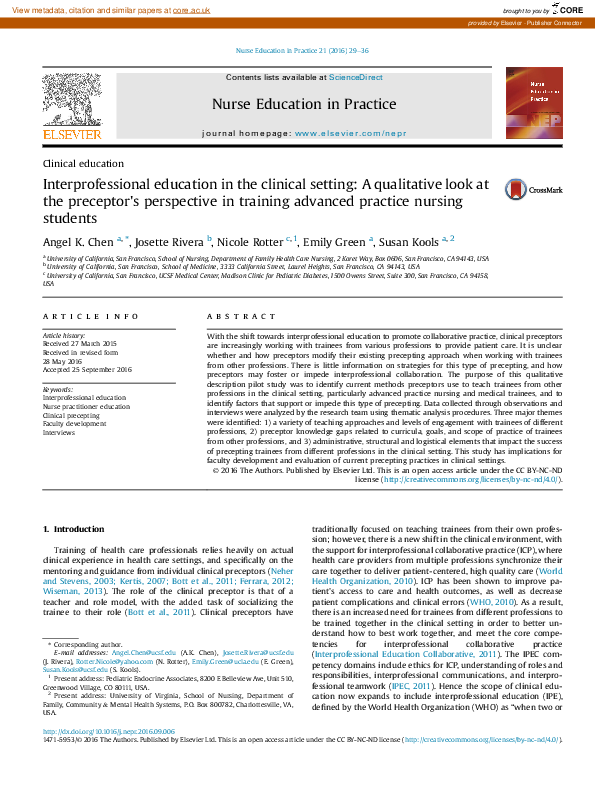 (PDF) Interprofessional education in the clinical setting: A qualitative look at the preceptor's ...