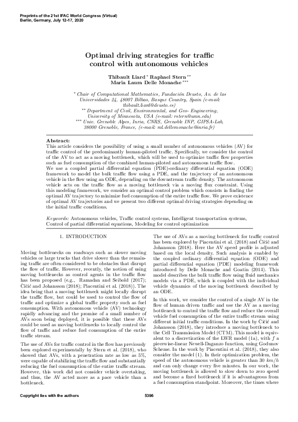 (PDF) Optimal driving strategies for traffic control with autonomous ...