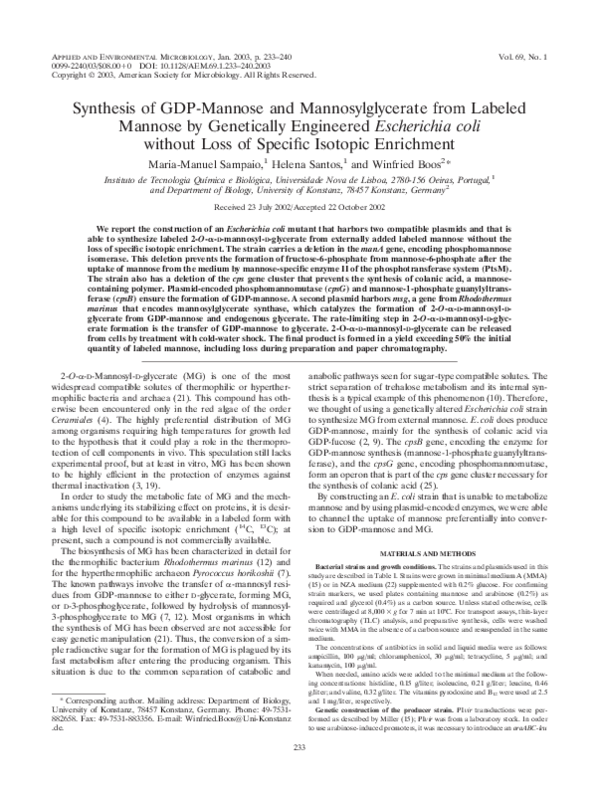 (PDF) Synthesis of GDP-Mannose and Mannosylglycerate from Labeled ...