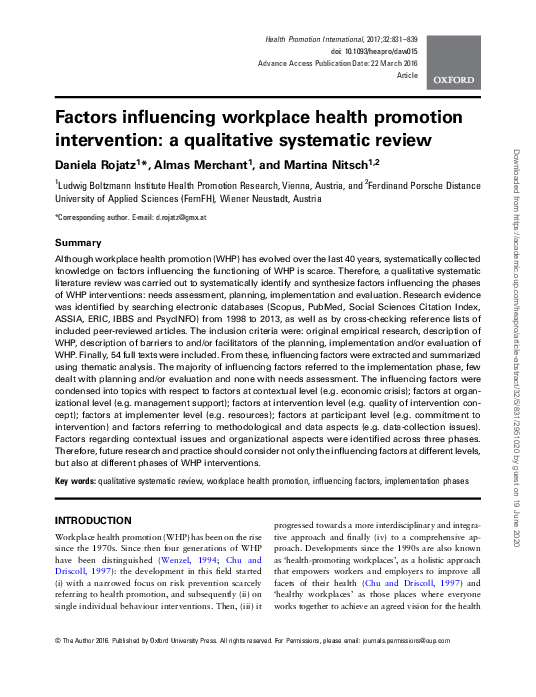 (PDF) Factors influencing workplace health promotion intervention: a qualitative systematic review