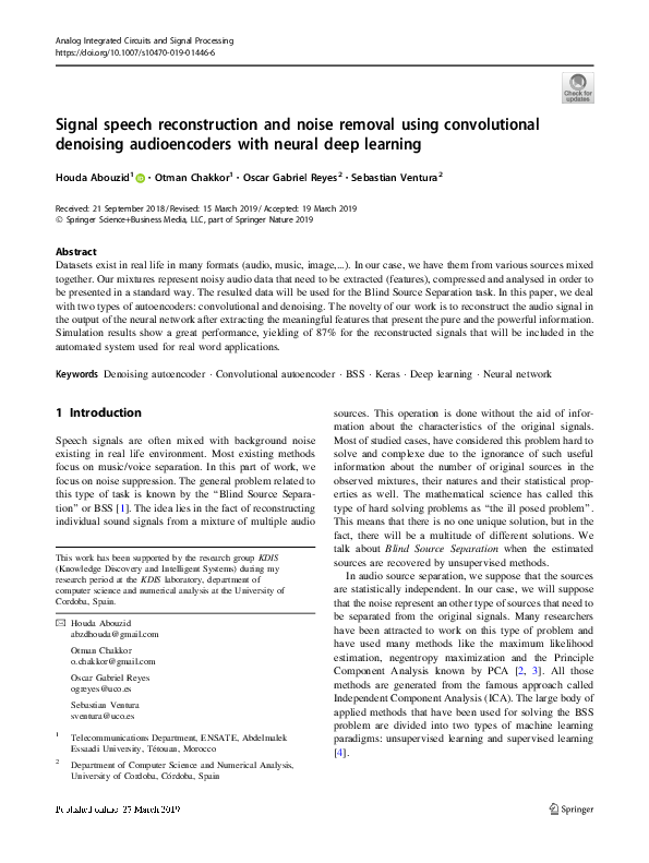 (PDF) Signal speech reconstruction and noise removal using convolutional denoising audioencoders ...