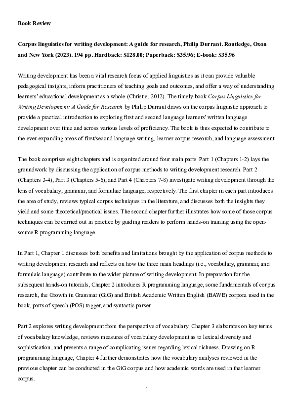 (PDF) Corpus linguistics for writing development: A guide for research