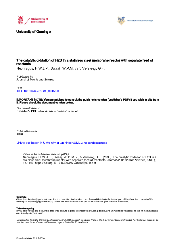 (PDF) The catalytic oxidation of H2S in a stainless steel membrane ...