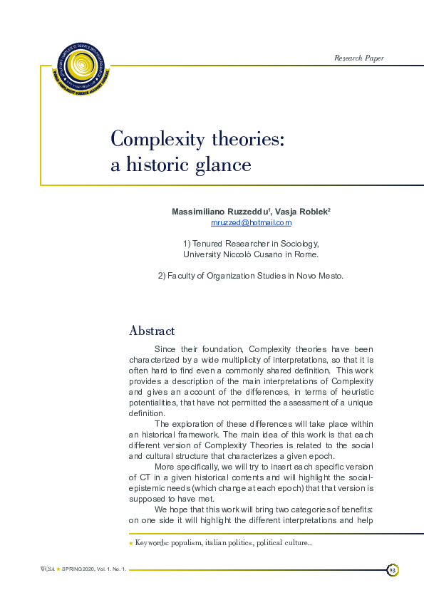 (PDF) Complexity Theories: A Historic Glance