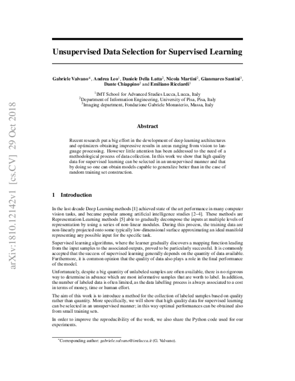 (PDF) Unsupervised Data Selection for Supervised Learning