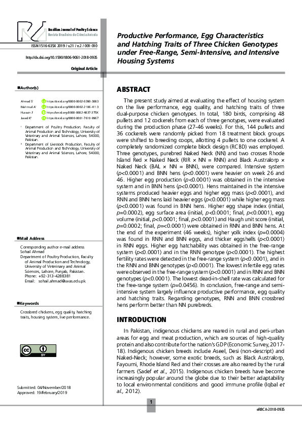 (PDF) Productive Performance, Egg Characteristics and Hatching Traits of Three Chicken Genotypes ...