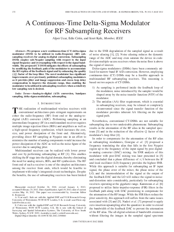 A Continuous-Time Delta-Sigma Modulator for RF Subsampling Receivers