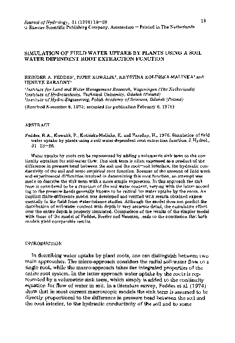 (PDF) Simulation of field water uptake by plants using a soil water ...