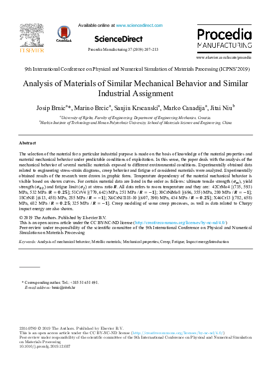 (PDF) Analysis of Materials of Similar Mechanical Behavior and Similar ...