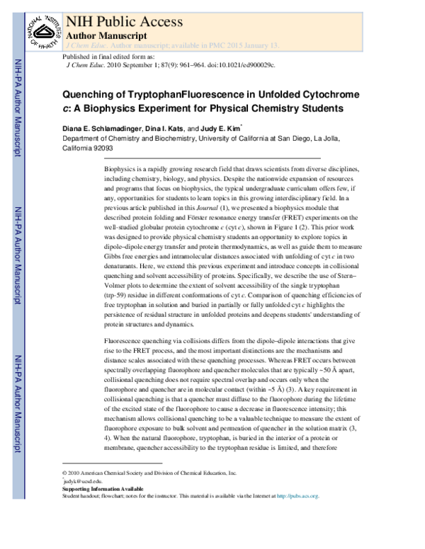 (PDF) Quenching of Tryptophan Fluorescence in Unfolded Cytochrome c: A Biophysics Experiment for ...