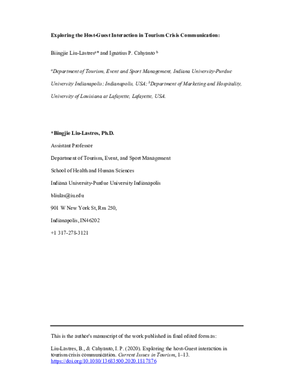 (PDF) Exploring the host-Guest interaction in tourism crisis communication