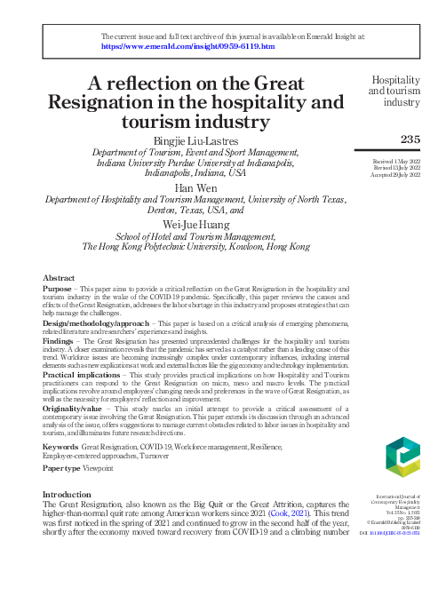 (PDF) A reflection on the Great Resignation in the hospitality and ...