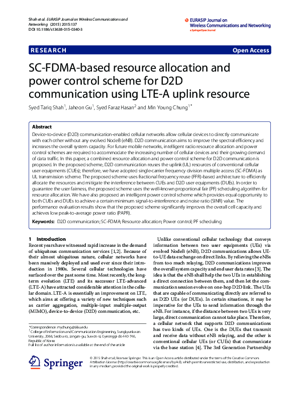 (PDF) SC-FDMA-based resource allocation and power control scheme for D2D communication using LTE ...