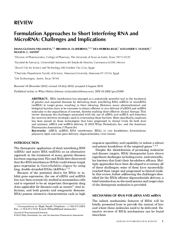(PDF) Formulation Approaches to Short Interfering RNA and MicroRNA ...