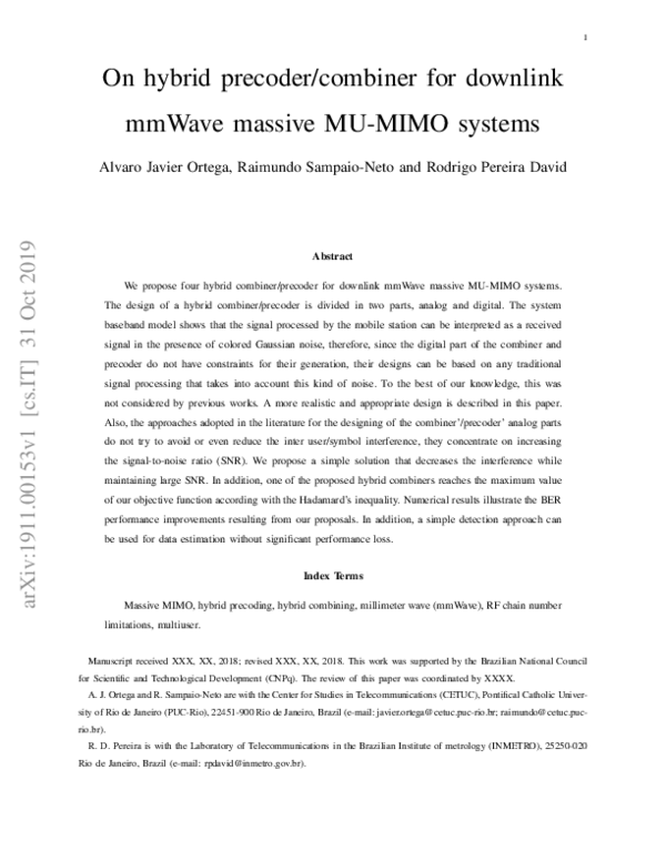 Pdf On Hybrid Precoder Combiner For Downlink Mmwave Massive Mu Mimo Systems