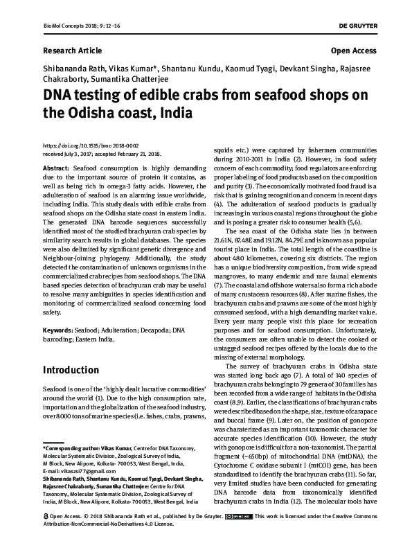 (PDF) DNA testing of edible crabs from seafood shops on the Odisha ...