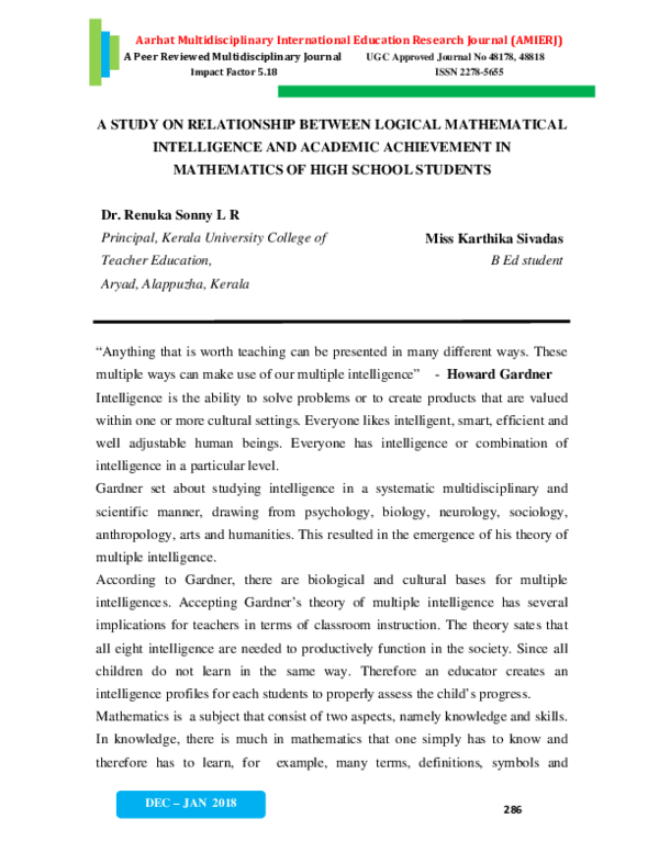 (PDF) A Study on Relationship Between Logical Mathematical Intelligence and Academic Achievement ...