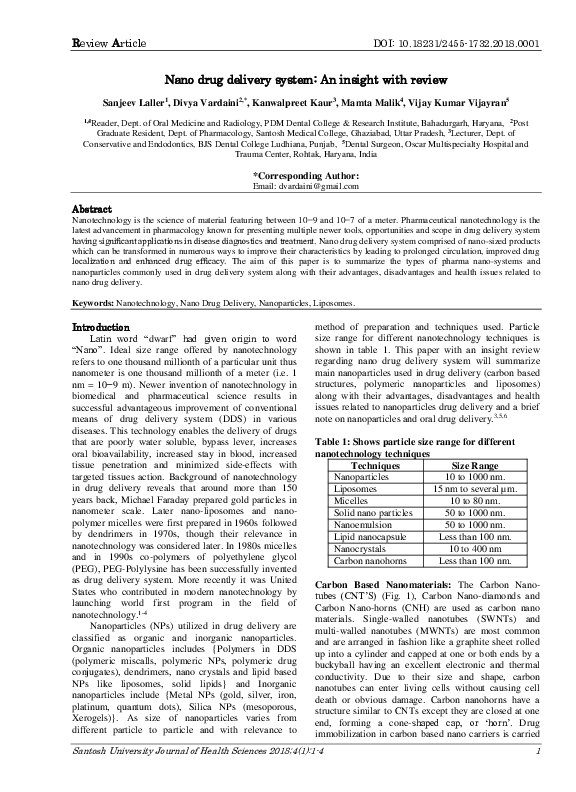 (PDF) Nano drug delivery system: An insight with review
