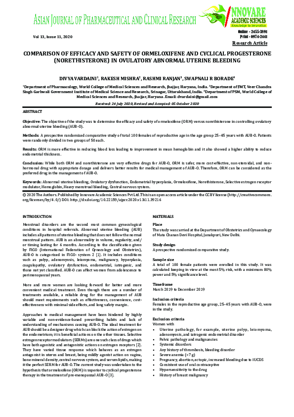 (PDF) Comparison of Efficacy and Safety of Ormeloxifene and Cyclical ...