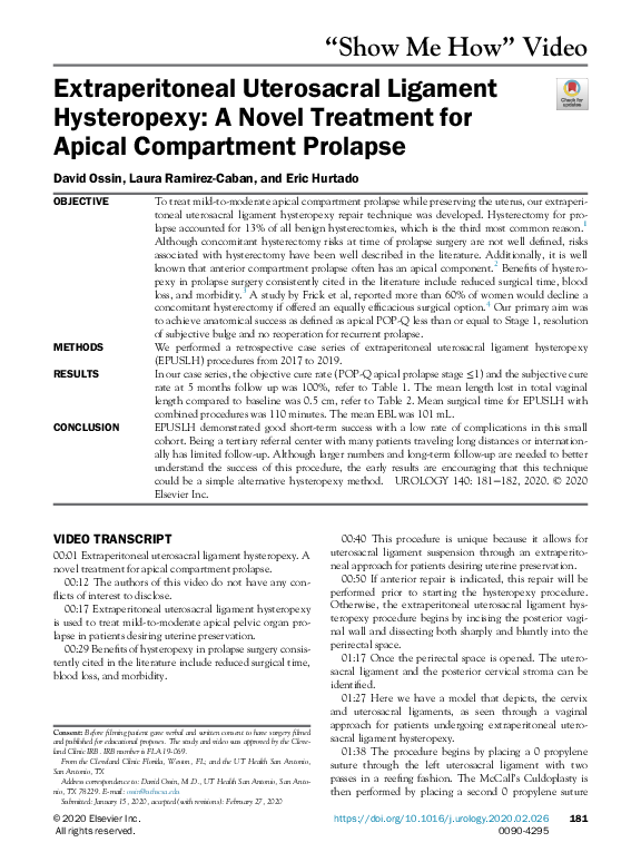 (PDF) Extraperitoneal Uterosacral Ligament Hysteropexy: A Novel ...
