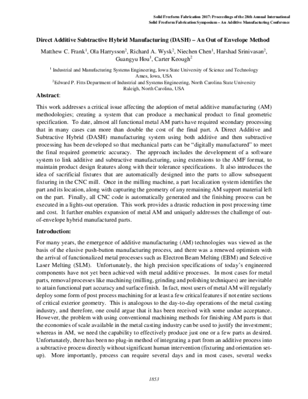 (PDF) Direct Additive Subtractive Hybrid Manufacturing (DASH) – An Out ...