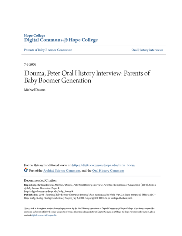 (PDF) Douma, Peter Oral History Interview: Parents of Baby Boomer ...