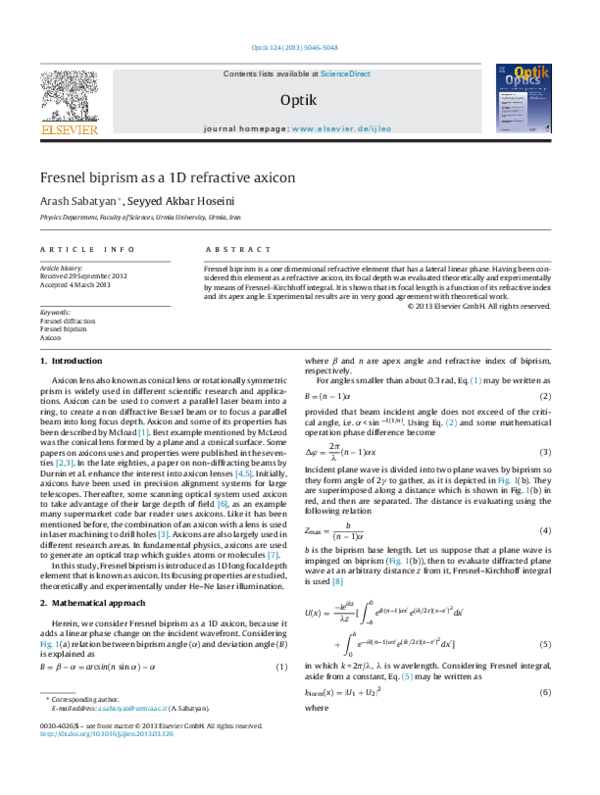 (PDF) Fresnel biprism as a 1D refractive axicon