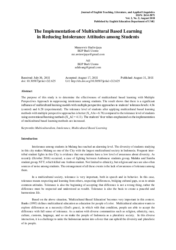 (PDF) The Implementation of Multicultural Based Learning in Reducing Intolerance Attitudes among ...