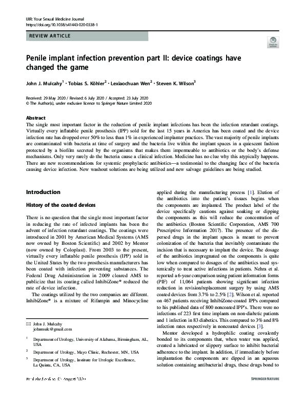 (PDF) Penile implant infection prevention part II: device coatings have ...