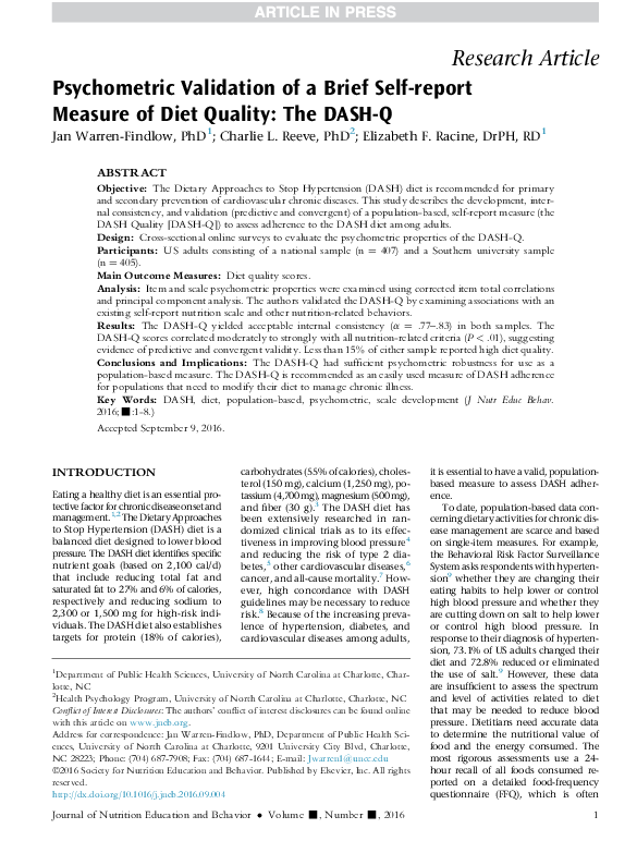 (PDF) Psychometric Validation of a Brief Self-report Measure of Diet Quality: The DASH-Q