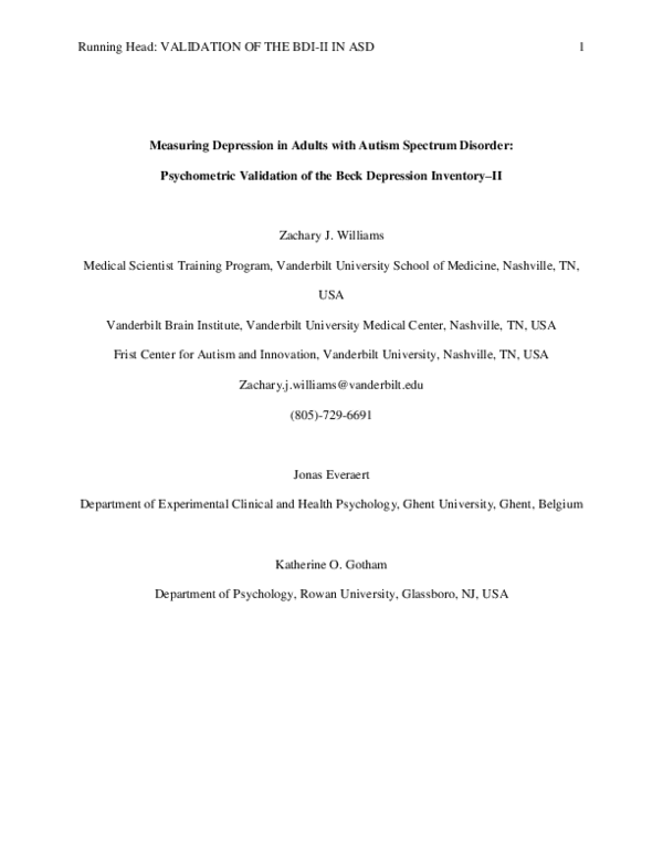 (PDF) Measuring Depression in Autistic Adults: Psychometric Validation of the Beck Depression ...