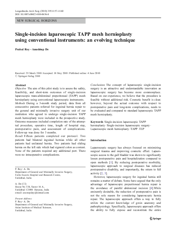 Pdf Single Incision Laparoscopic Tapp Mesh Hernioplasty Using