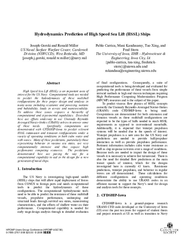 (PDF) Hydrodynamics Prediction of High Speed Sea Lift (HSSL) Ships