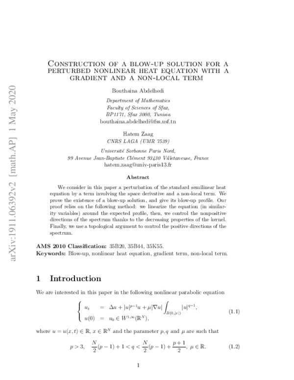 (PDF) Construction of a blow-up solution for a perturbed nonlinear heat equation with a gradient ...