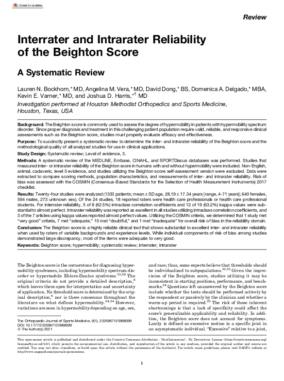 (PDF) Interrater and Intrarater Reliability of the Beighton Score: A Systematic Review
