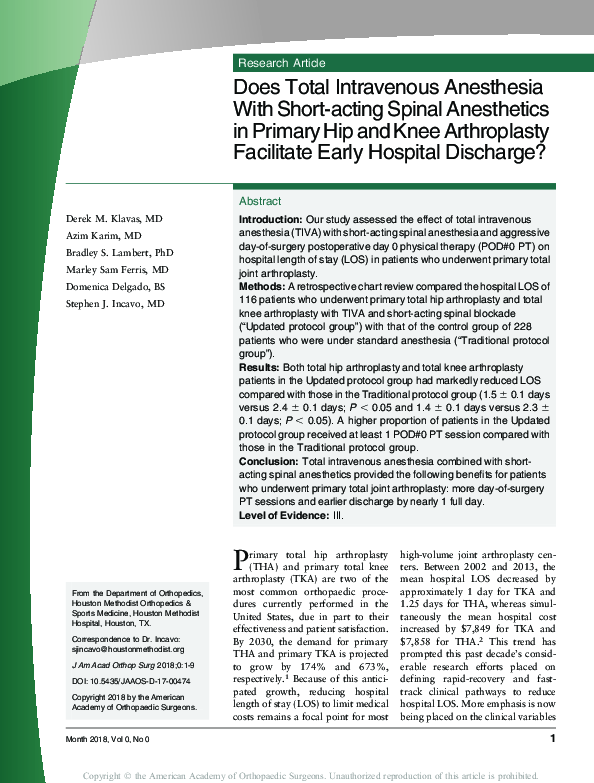 (PDF) Does Total Intravenous Anesthesia With Short-acting Spinal Anesthetics in Primary Hip and ...