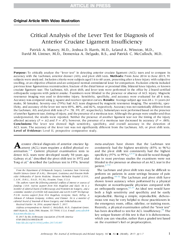 (PDF) Critical Analysis of the Lever Test for Diagnosis of Anterior ...