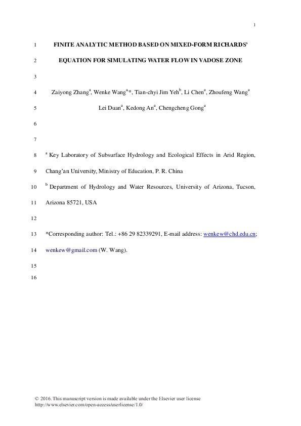 Pdf Finite Analytic Method Based On Mixed Form Richards Equation For Simulating Water Flow In