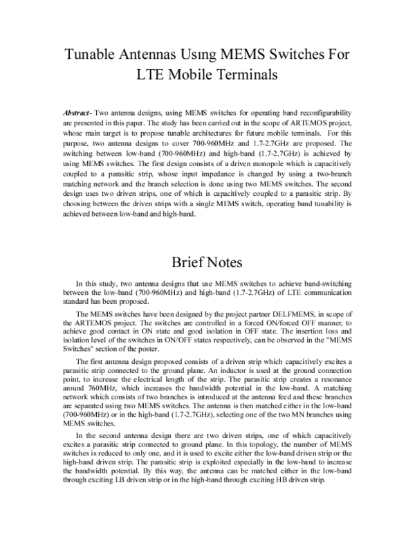 Pdf Tunable Antennas Using Mems Switches For Lte Mobile Terminals