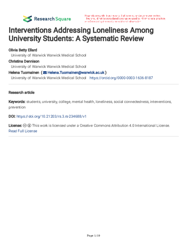 (PDF) Interventions Addressing Loneliness Among University Students: A ...