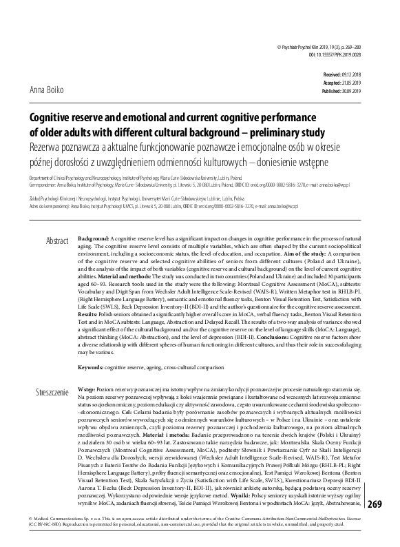 (PDF) Cognitive reserve and emotional and current cognitive performance of older adults with ...