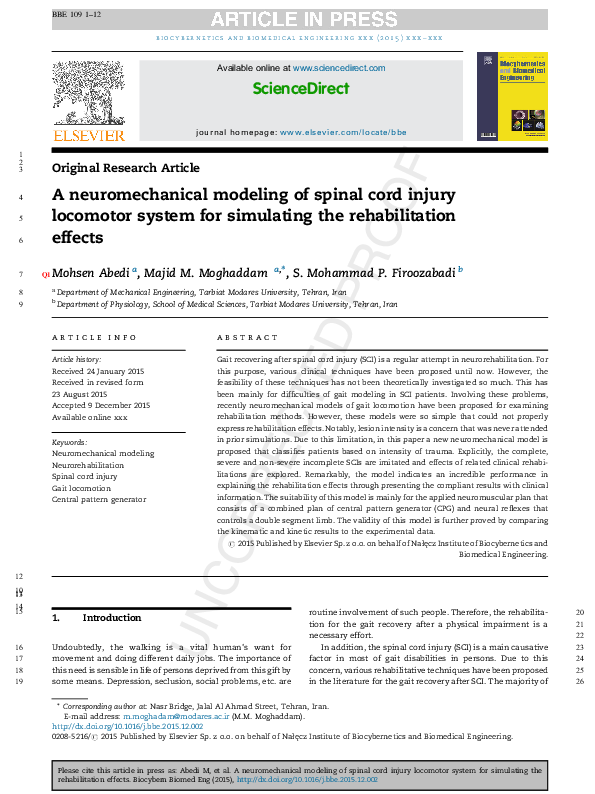 (PDF) A neuromechanical modeling of spinal cord injury locomotor system ...