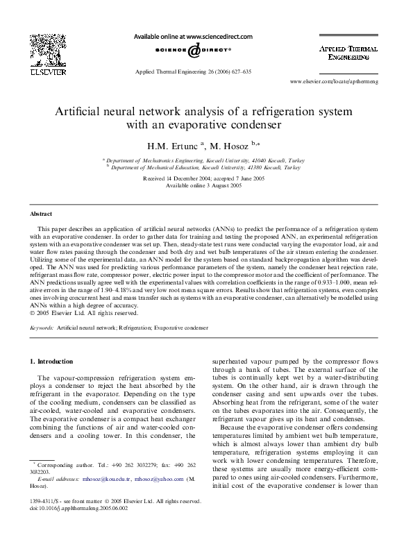 (PDF) Artificial neural network analysis of a refrigeration system with an evaporative condenser
