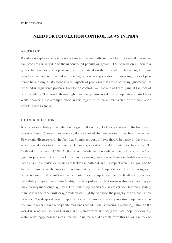 (PDF) Urgent Need for Population Control in India