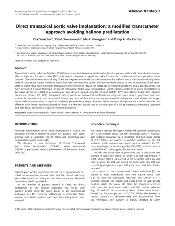 (PDF) Direct transapical aortic valve implantation: a modified ...