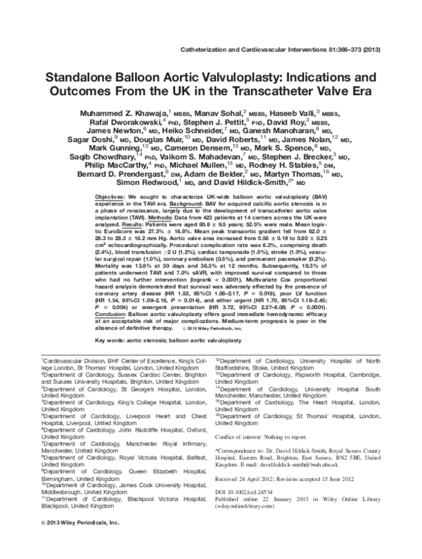 (PDF) Standalone balloon aortic valvuloplasty: Indications and outcomes from the UK in the ...