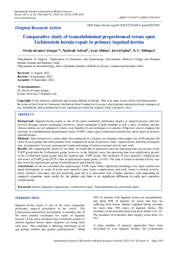 (PDF) Comparative study of transabdominal preperitoneal versus open Lichtenstein hernia repair ...