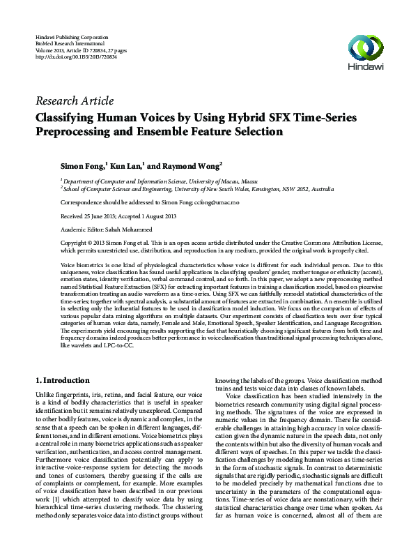 Pdf Classifying Human Voices By Using Hybrid Sfx Time Series Preprocessing And Ensemble