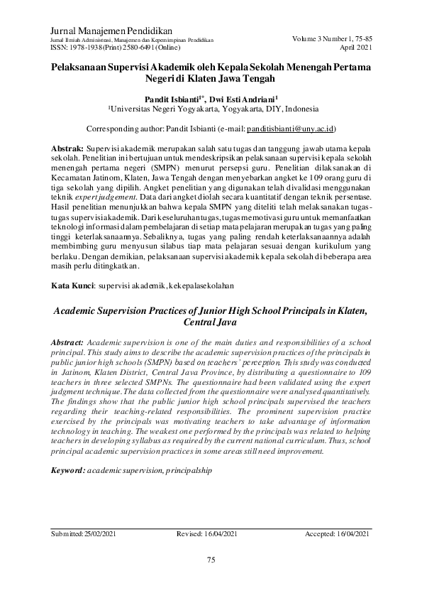 (PDF) Pelaksanaan Supervisi Akademik oleh Kepala Sekolah Menengah Pertama Negeri di Klaten Jawa ...